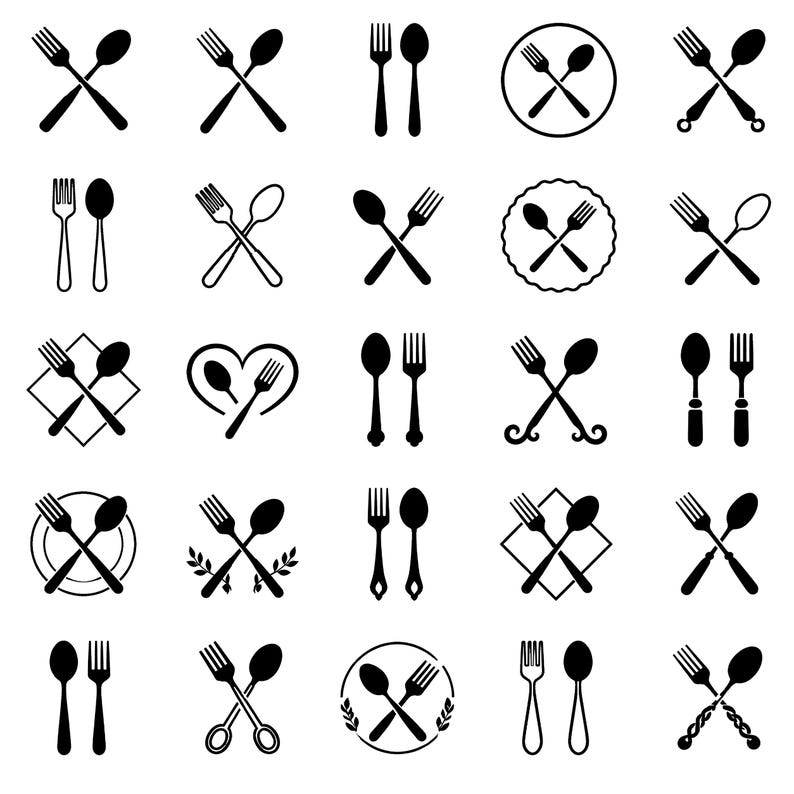 Gabel Löffel SVG Bundle - 25 verschiedene Utensilien-Symbole, solide ...