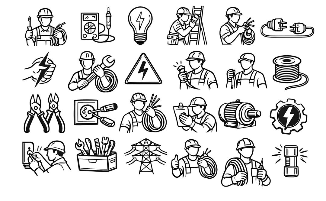 Electrician SVG Icons Bundle – 24 Unique Black Outline, Bold Line Art ...