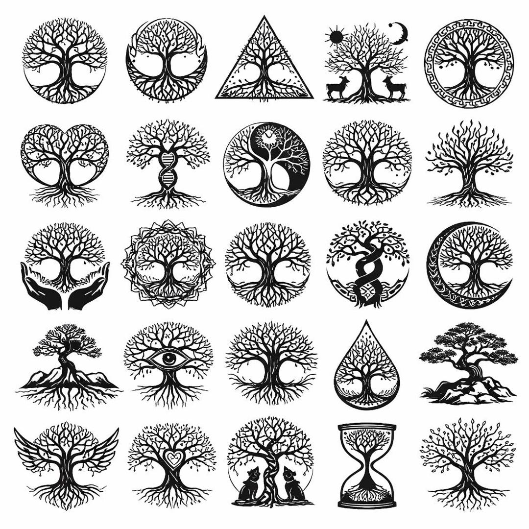 25 Unique Tree of Life Icons Svg Bundle Set | Black Line Art Symbols ...