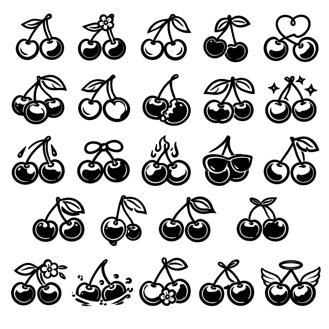 Cherry SVG Icons Bundle – 24 Unique Black Outline Cherry Icons, Bold ...
