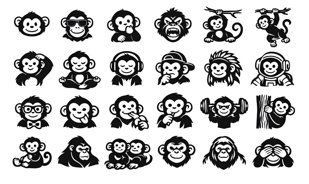 Monkey SVG Icons Bundle – 24 Unique Primate Outline Graphics, Bold Line ...