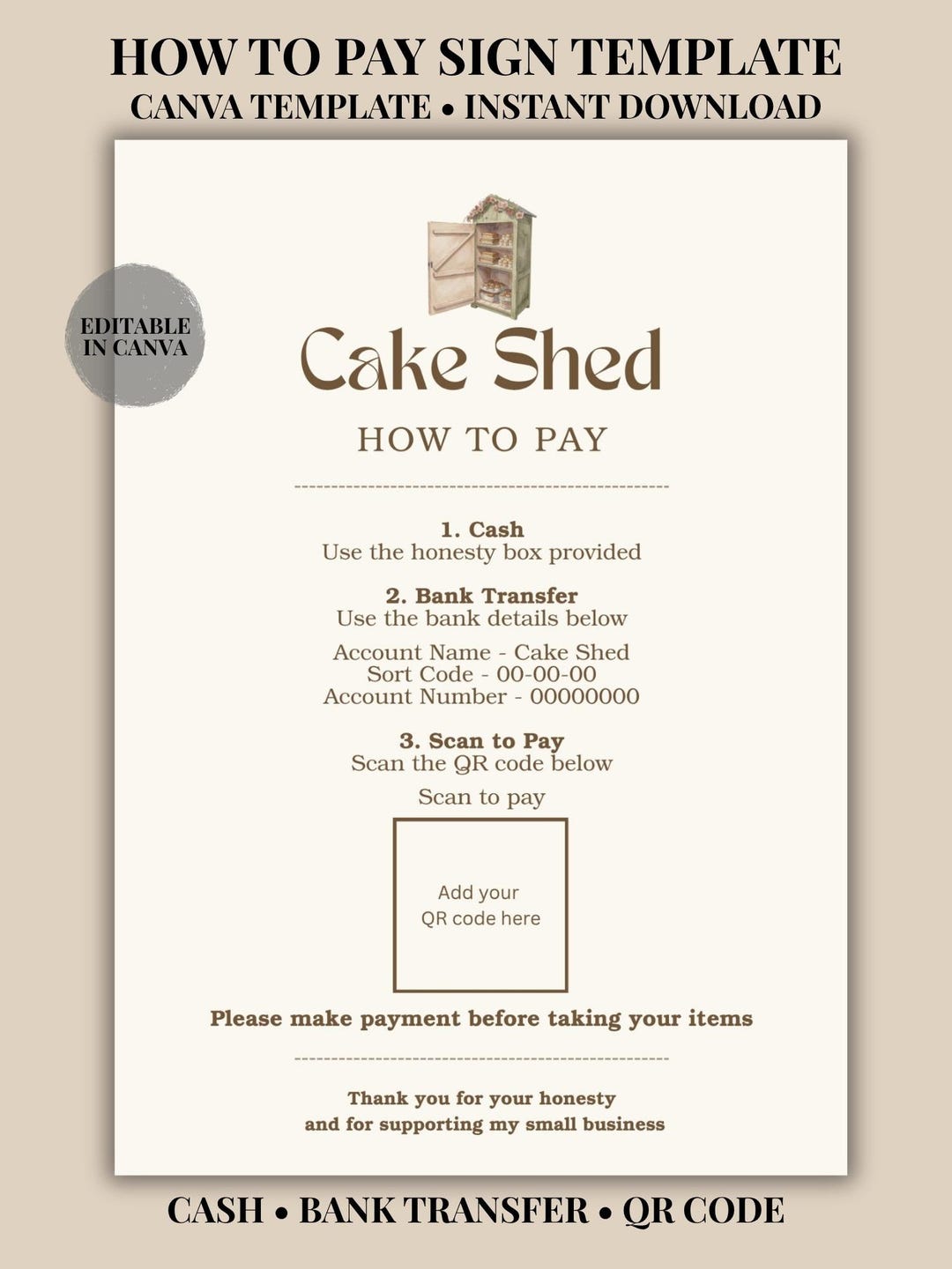Editable Cake Shed How to Pay Sign, Printable Canva Template, Bakery ...