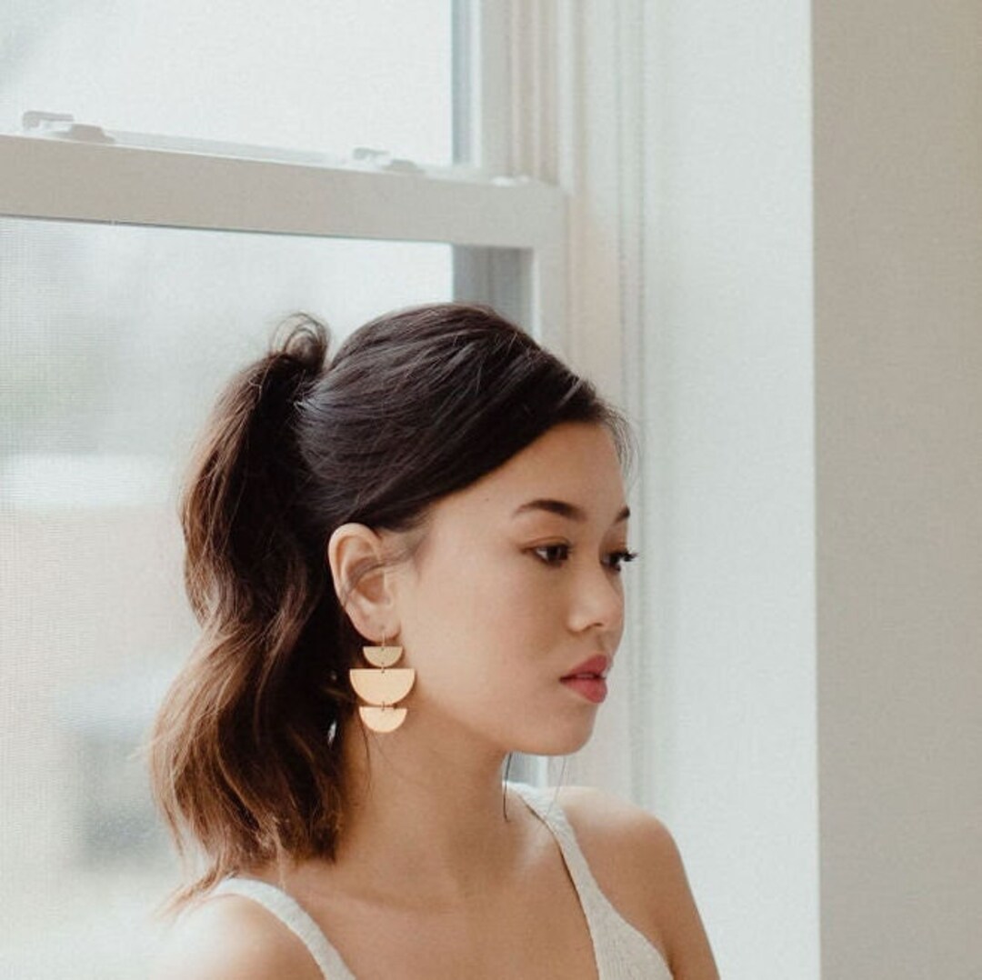Gold Brass Geometric Half Circle Earrings - Etsy