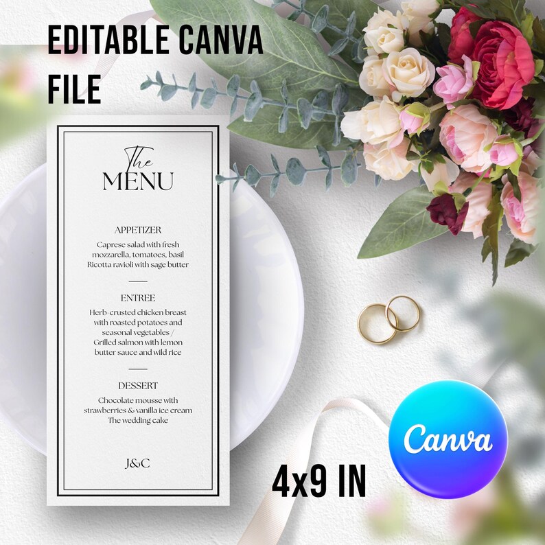Elegant Wedding Menu Template, Classic Reception Dinner Card (digital ...