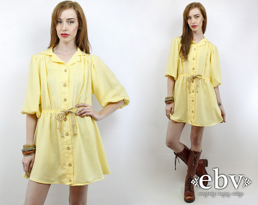 Vintage 80s Yellow Shirt Dress M L Yellow Dress Day Dress Puff Sleeve ...