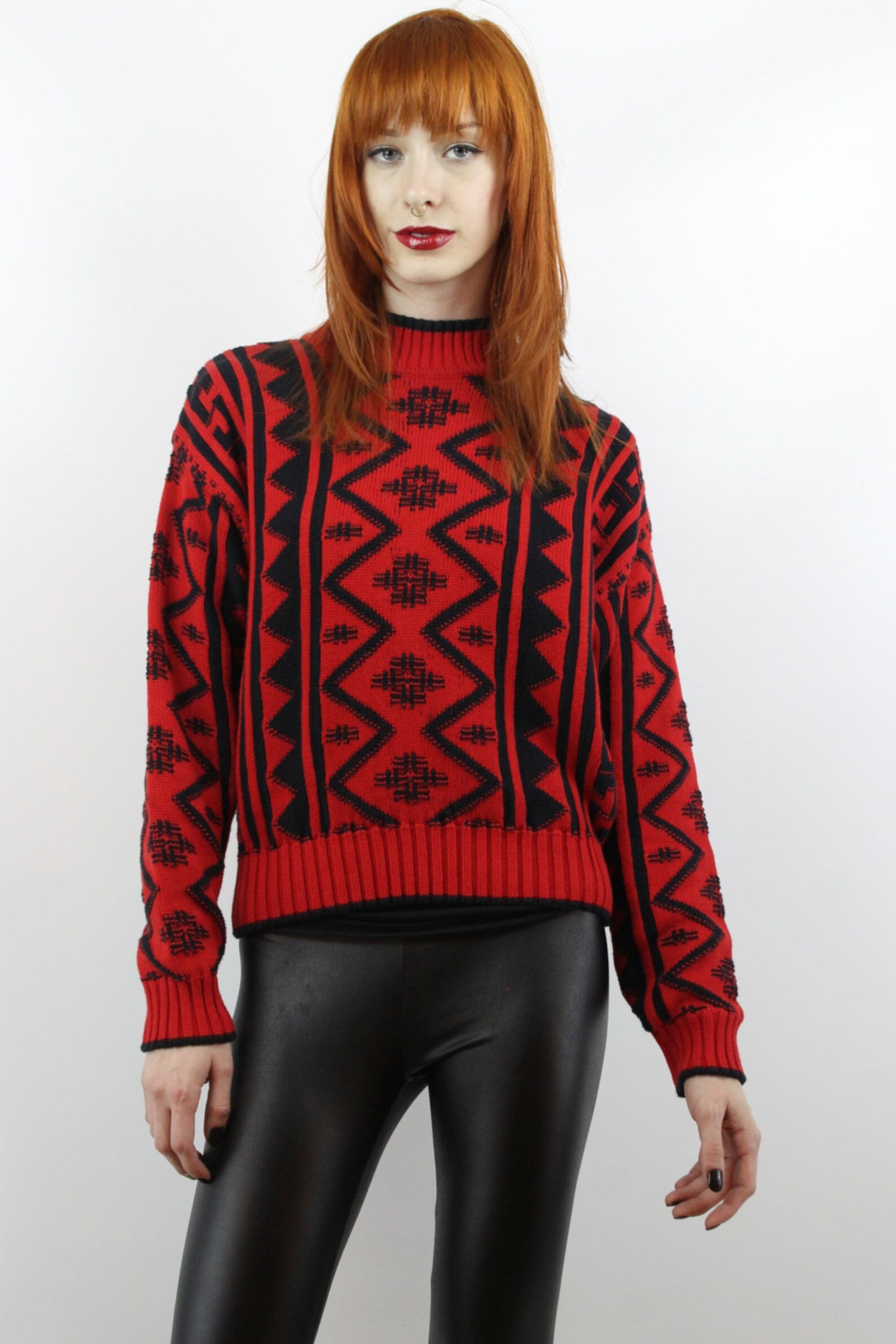 Vintage 90s Red Black Graphic Sweater S M 90s Sweater Red - Etsy