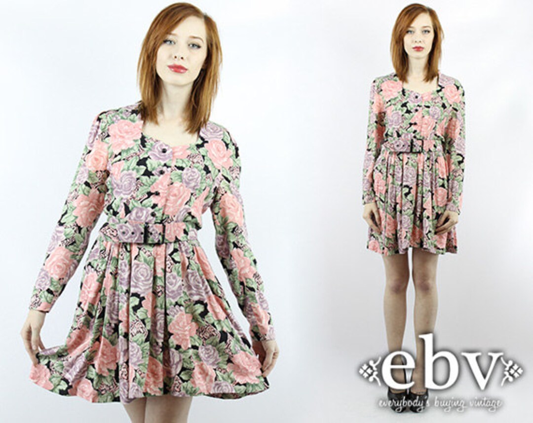 Vintage 80s Floral Secretary Mini Day Dress S M Floral Dress Secretary ...