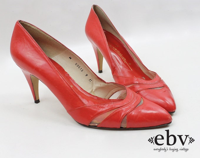 Red Pumps Red Heels 80s Pumps Vintage 80s Heels Size 9 Red High Heels ...