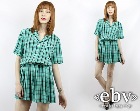 Vintage 80s Pleated Plaid Secretary Mini Day Dress S M | Etsy