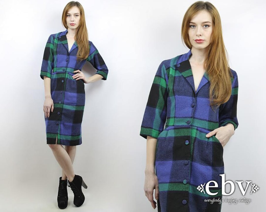 Bombshell Dress 80s Plaid Dress 90s Plaid Dress Blue Plaid Dress ...