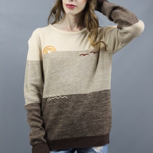 1970s Sweater 70s Sweater Brown Sweater Colorblock Sweater Bird Sweater ...