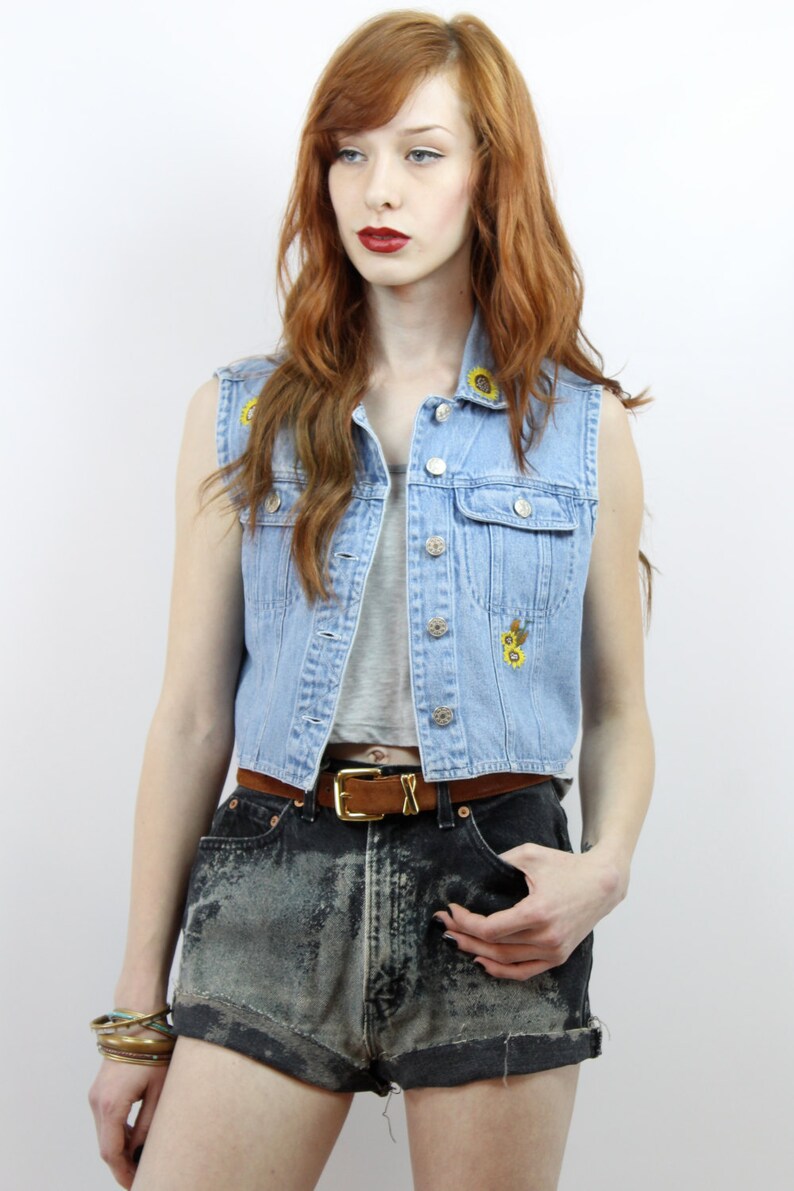 Vintage 90s Cropped Denim Sunflower Vest Jean Vest 90s Vest | Etsy