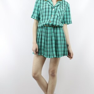 Vintage 80s Pleated Plaid Secretary Mini Day Dress S M Secretary Dress ...