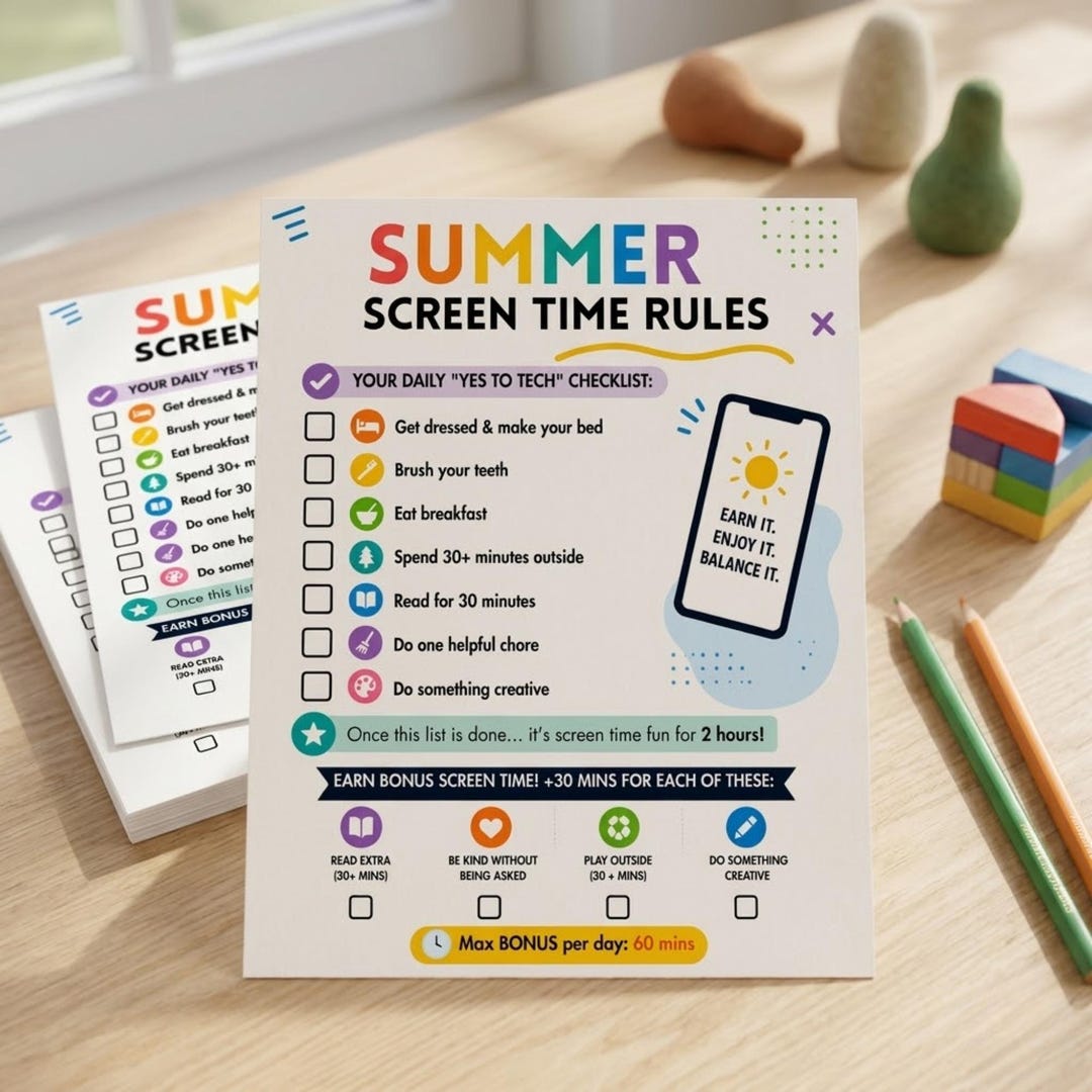 Editable Kids Summer Screentime Chart Summer Screen Time Rules Tracker ...