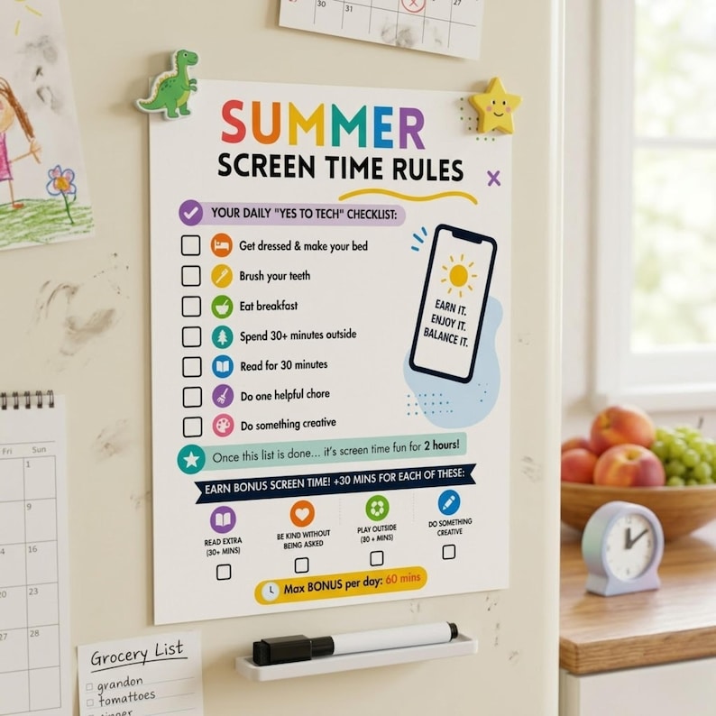 Editable Kids Summer Screentime Chart Summer Screen Time Rules Tracker ...