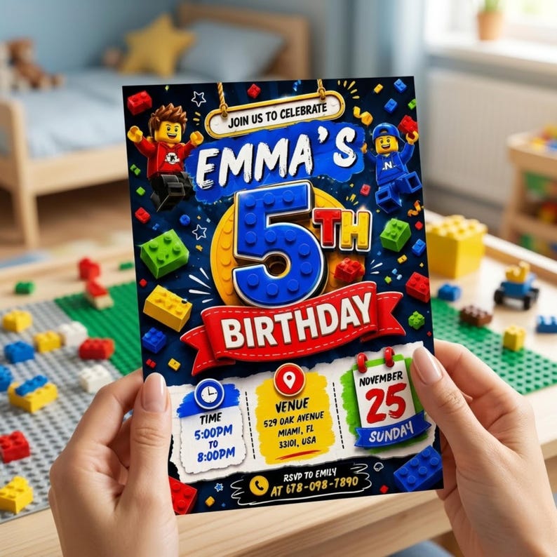 5th Birthday Building Blocks Invitation, Bricks Party Invite, Master ...