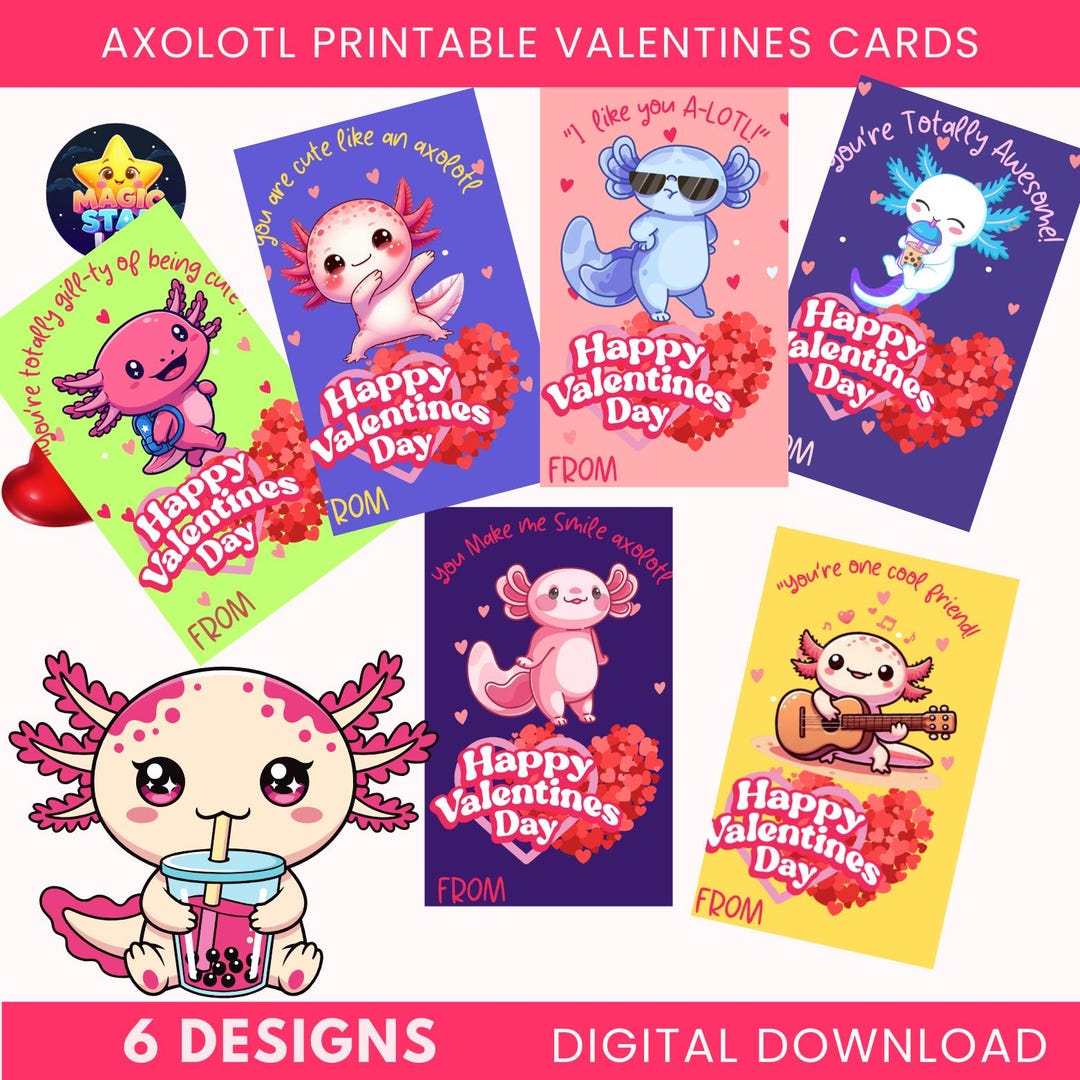 Axolotl Valentine's Day Cards, Classroom Gift Tags (digital Download ...