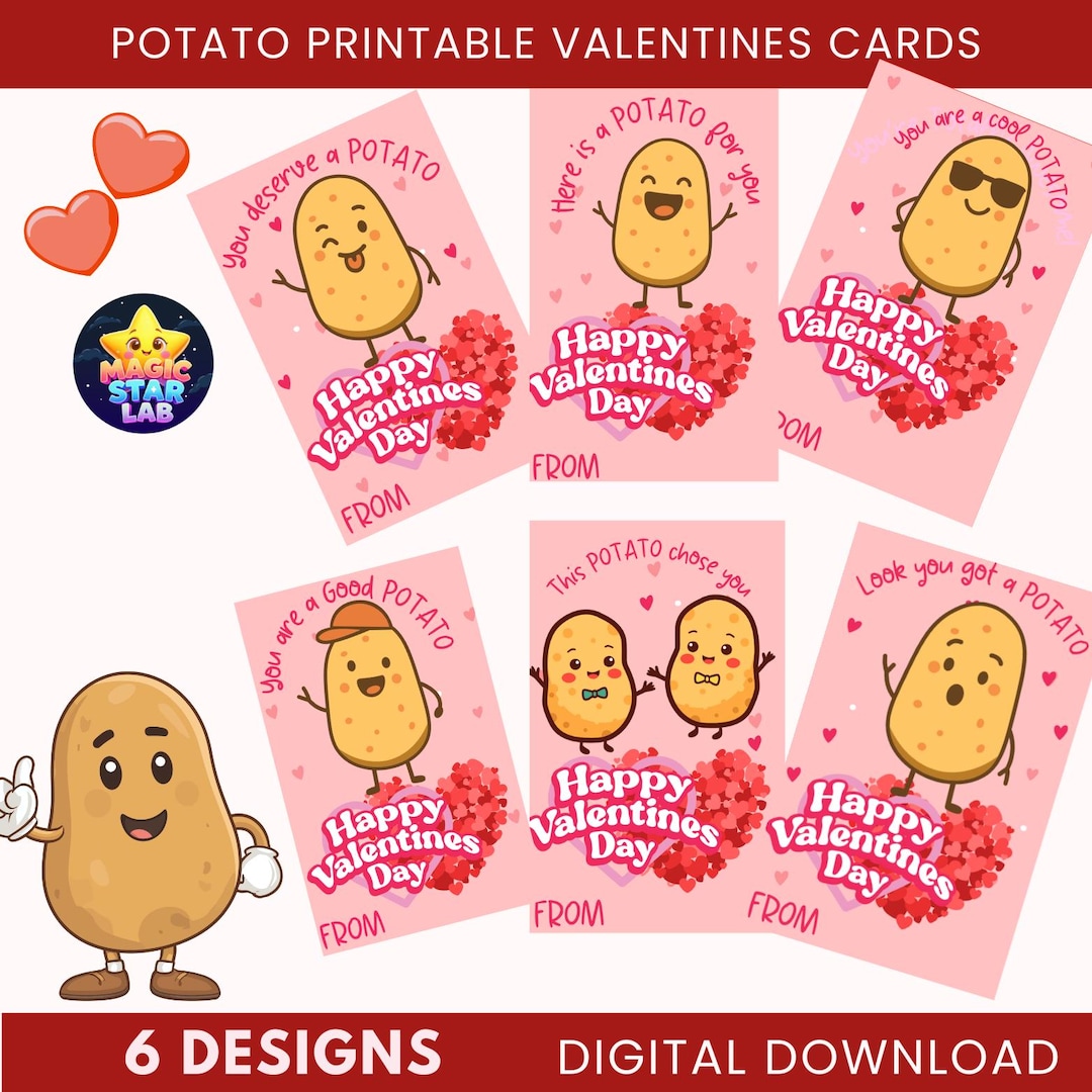 Funny Potato Valentines Cards, Non-candy Classroom Valentines (digital ...