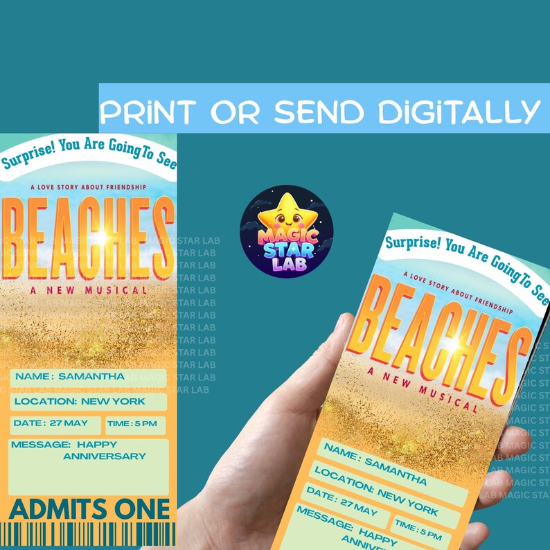 Beaches Musical Ticket, Editable Surprise Gift Reveal (digital Download ...
