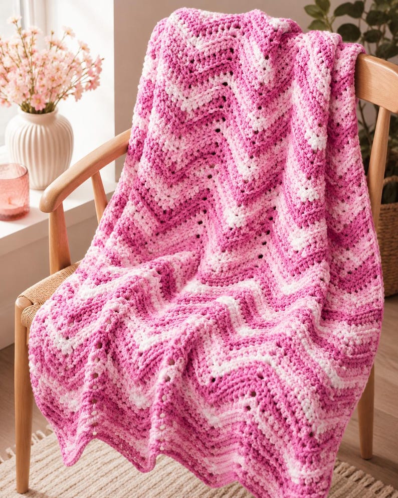 Crochet Ripple Throw Blanket Pattern PDF, Easy Chevron Afghan, Pink ...