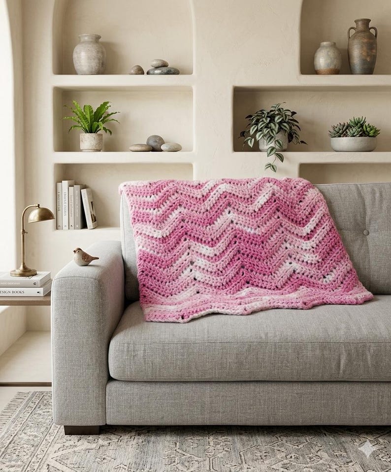 Crochet Ripple Throw Blanket Pattern PDF, Easy Chevron Afghan, Pink ...