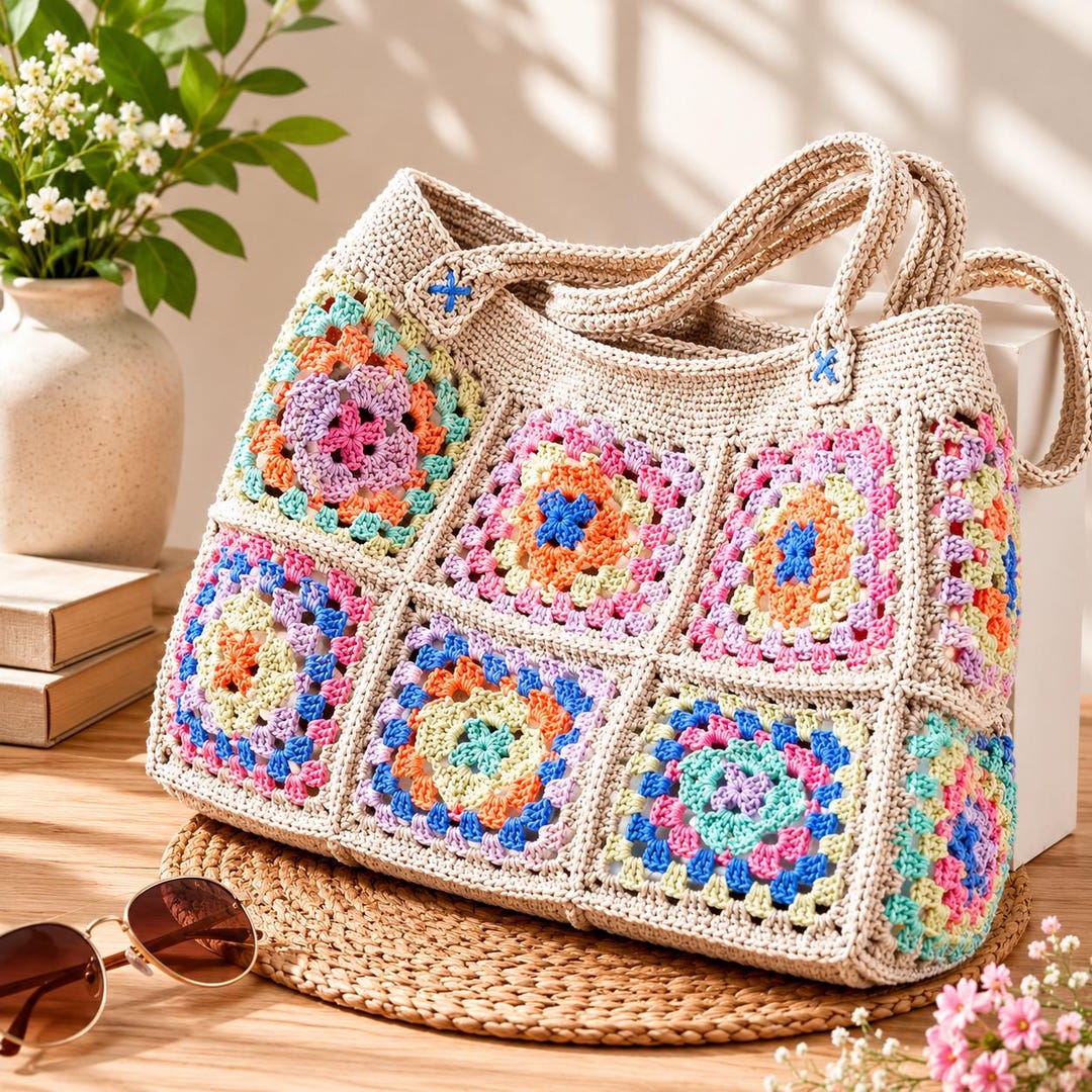 Handmade Crochet Granny Square Tote Bag – Colorful Boho Shoulder Purse ...