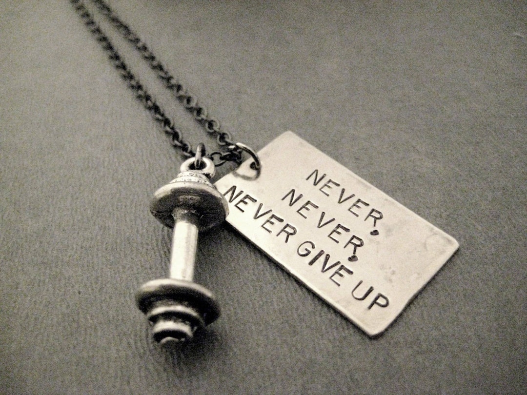 Barbell Necklace: Never Give Up, Gunmetal or Stainless Steel Chain - Etsy
