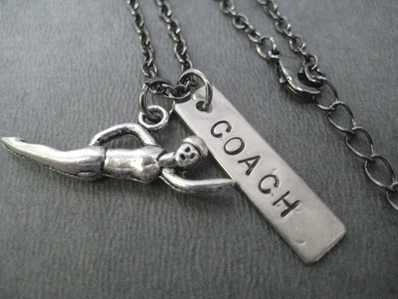 SWIM COACH Necklace - Swimming Necklace on Gunmetal Chain - Swimmer ...