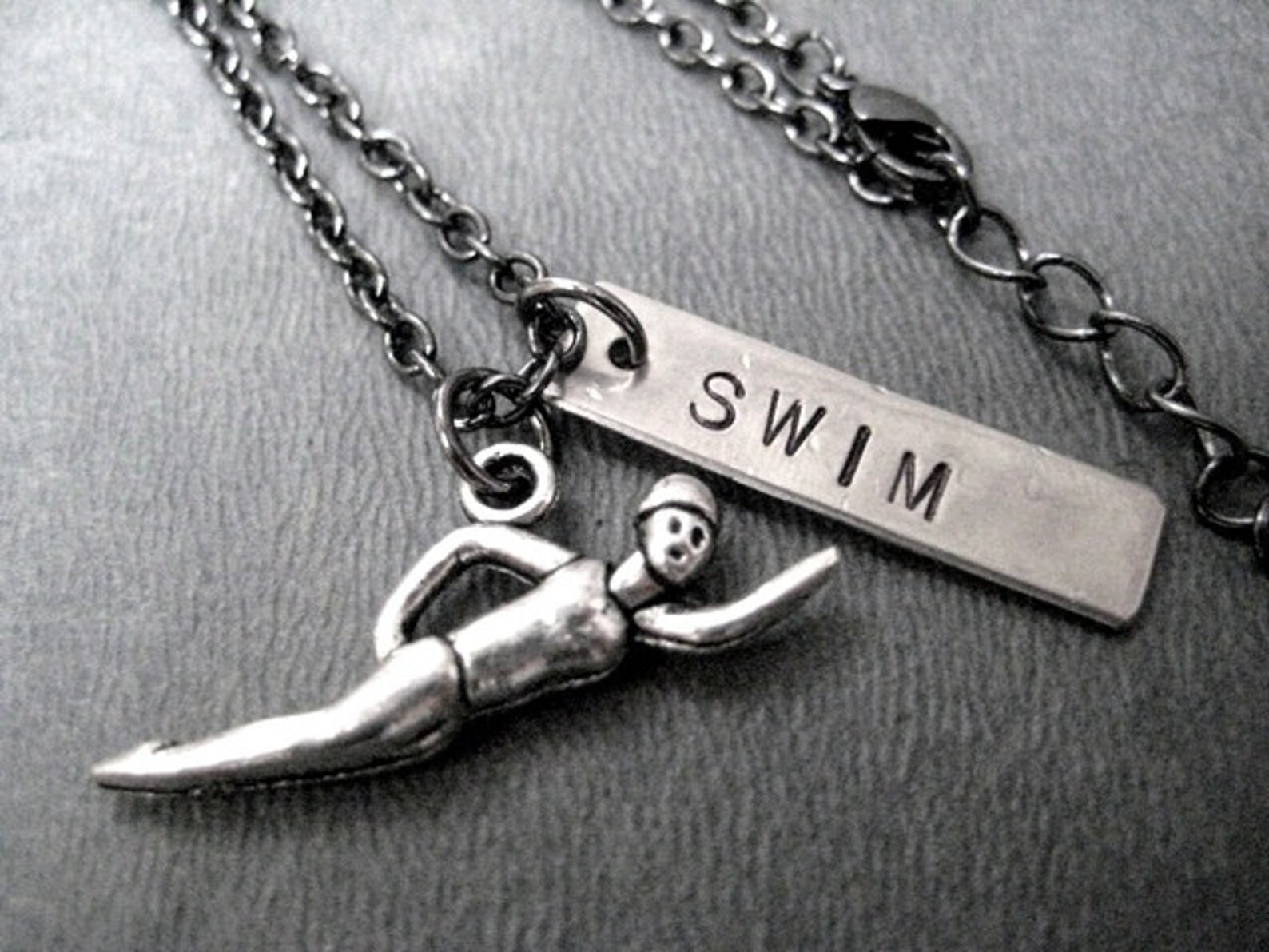 SWIM Necklace - Swimming Necklace on Gunmetal Chain - Swimmer Jewelry ...