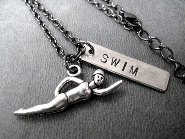 SWIM Necklace Swimming Necklace on Gunmetal Chain Swimmer - Etsy
