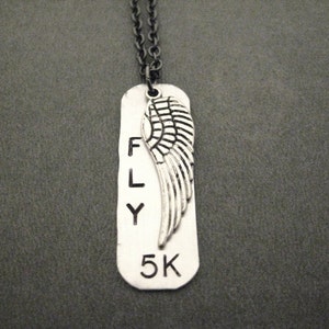 FLY 5K With WING Running Necklace - Aluminum Dog Tag Style Runner Necklace on 24 Inch Gunmetal ...