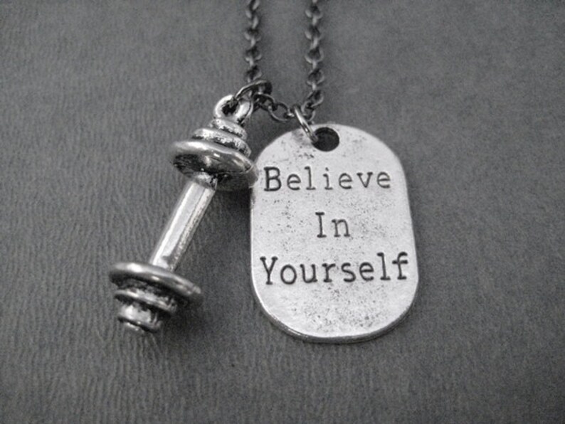 BELIEVE IN YOURSELF Barbell Pewter Dog Tag Style Necklace | Etsy