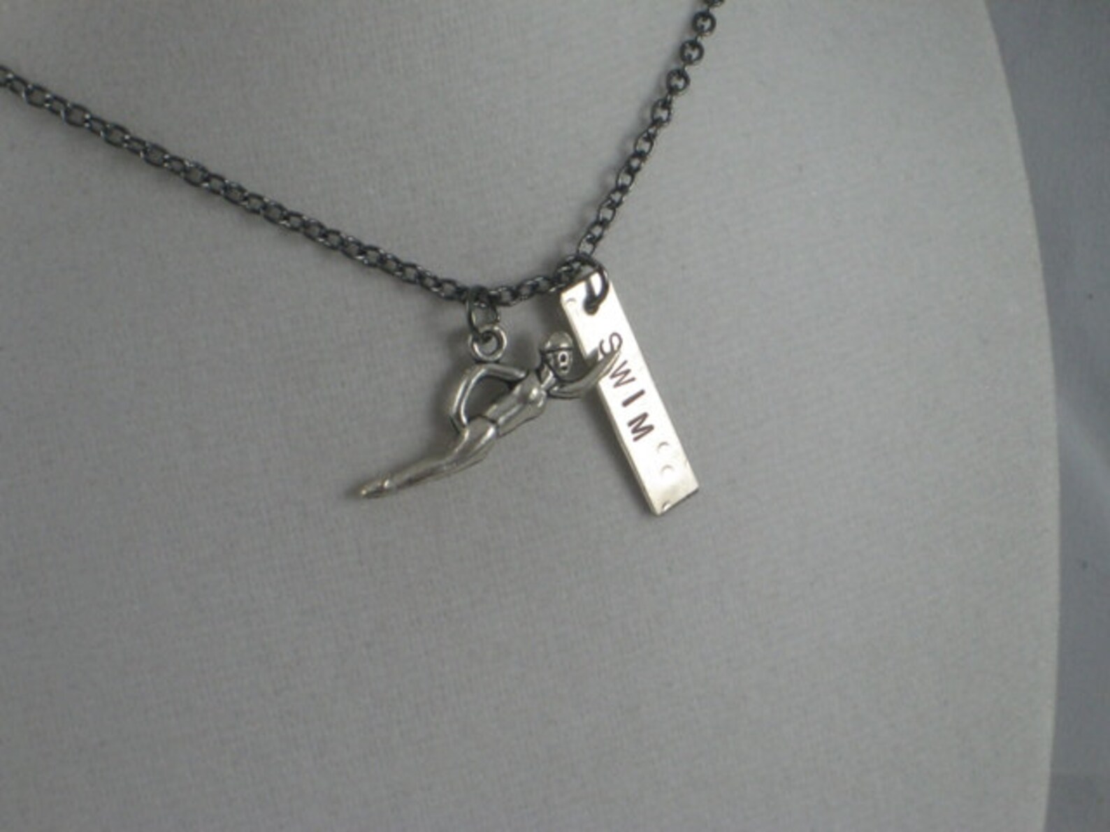 SWIM Necklace - Swimming Necklace on Gunmetal Chain - Swimmer Jewelry ...