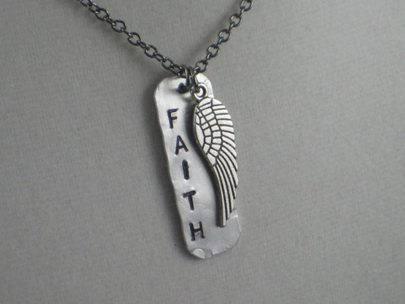 FAITH With WING Necklace Rustic Artisan Aluminum Dog Tag - Etsy
