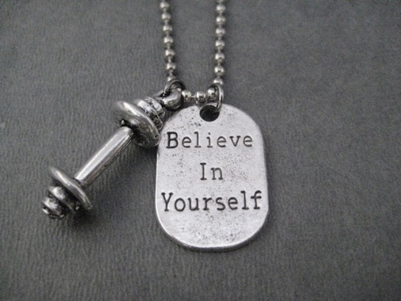 BELIEVE IN YOURSELF Barbell Pewter Dog Tag Style Necklace - Unisex ...