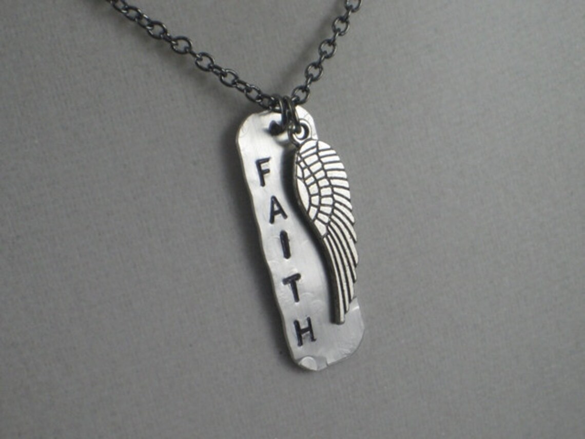 FAITH With WING Necklace - Rustic Artisan Aluminum Dog Tag Style ...