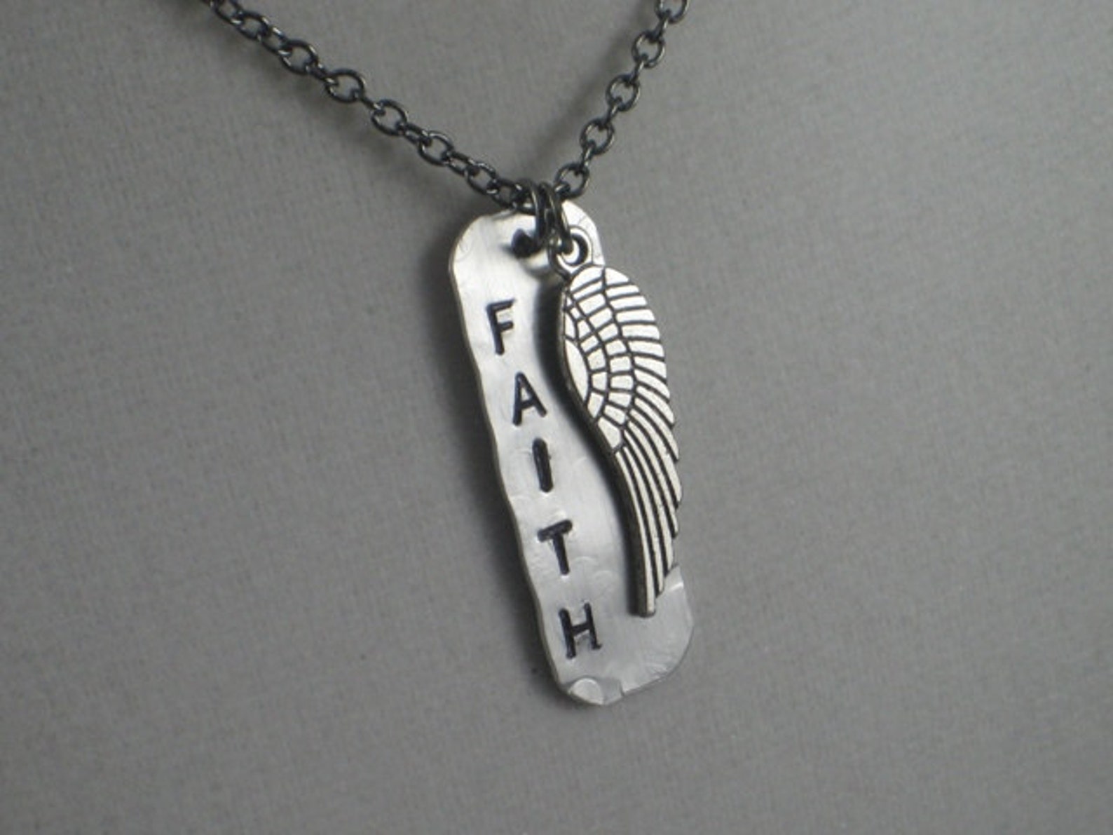FAITH with WING Necklace Rustic Artisan Aluminum Dog Tag | Etsy
