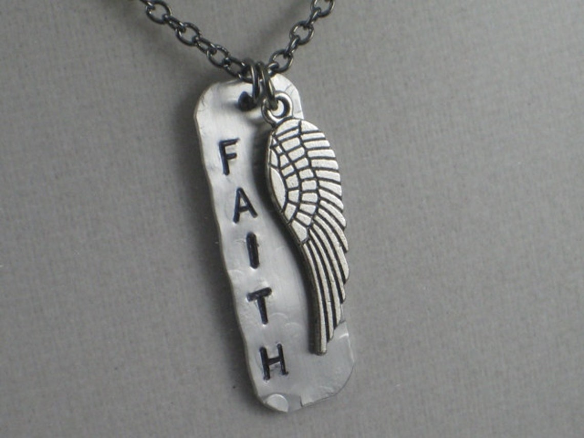 FAITH With WING Necklace Rustic Artisan Aluminum Dog Tag - Etsy