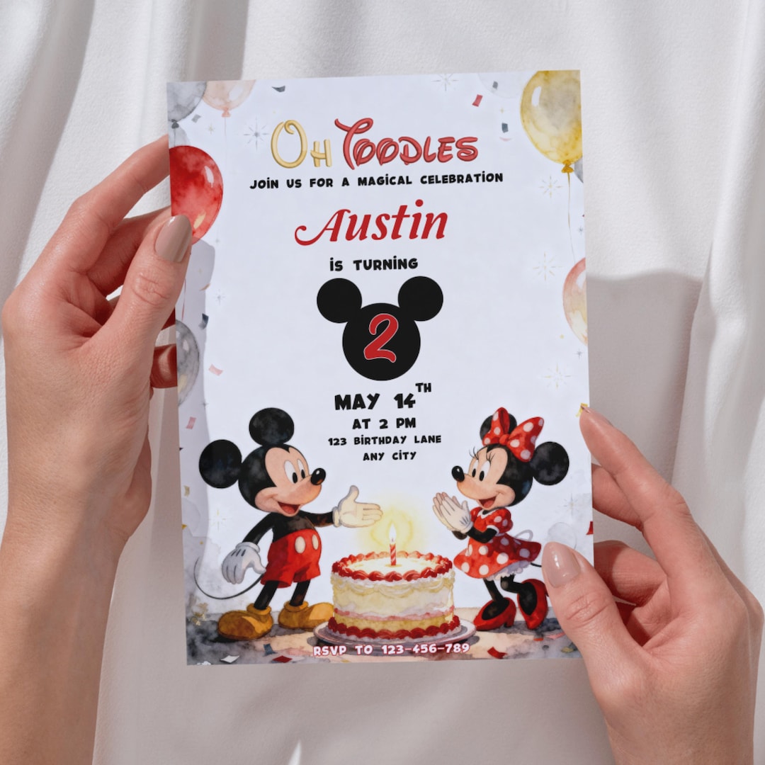 Mickey and Minnie Mouse Birthday Invitation: Classic Cartoon Party ...