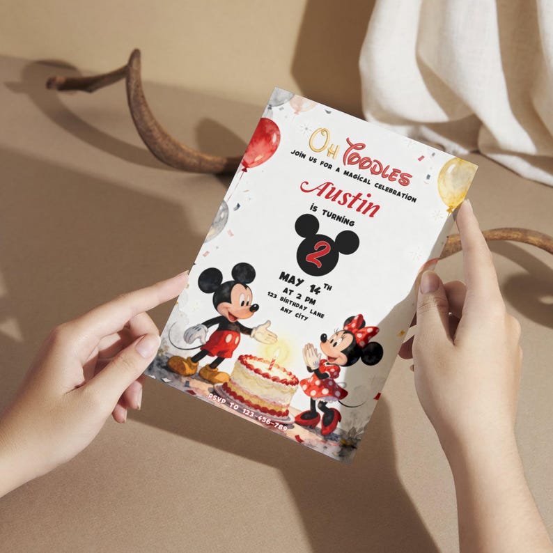 Mickey and Minnie Mouse Birthday Invitation: Classic Cartoon Party ...