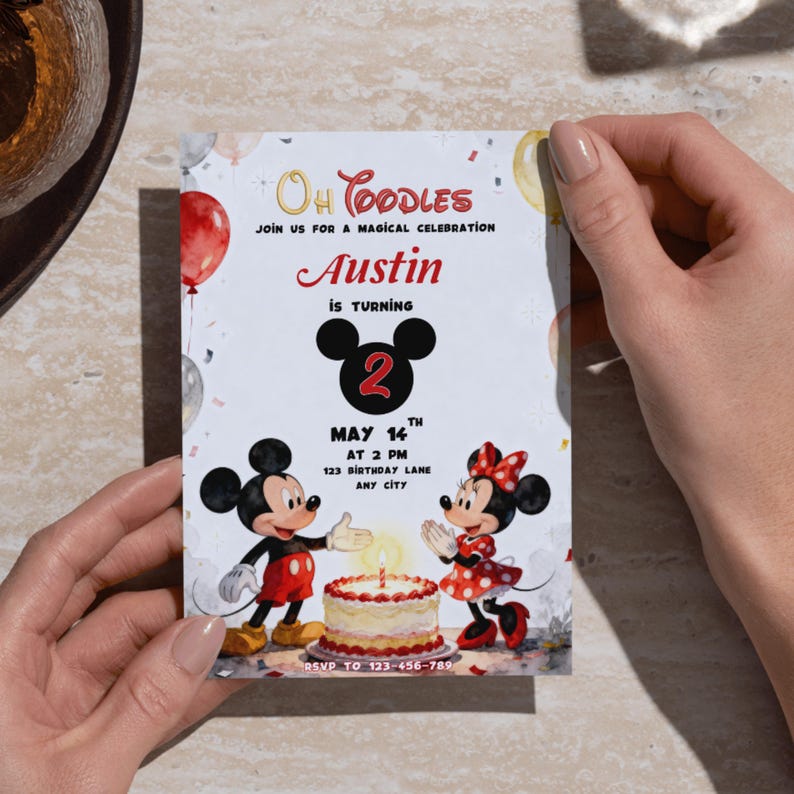 Mickey and Minnie Mouse Birthday Invitation: Classic Cartoon Party ...