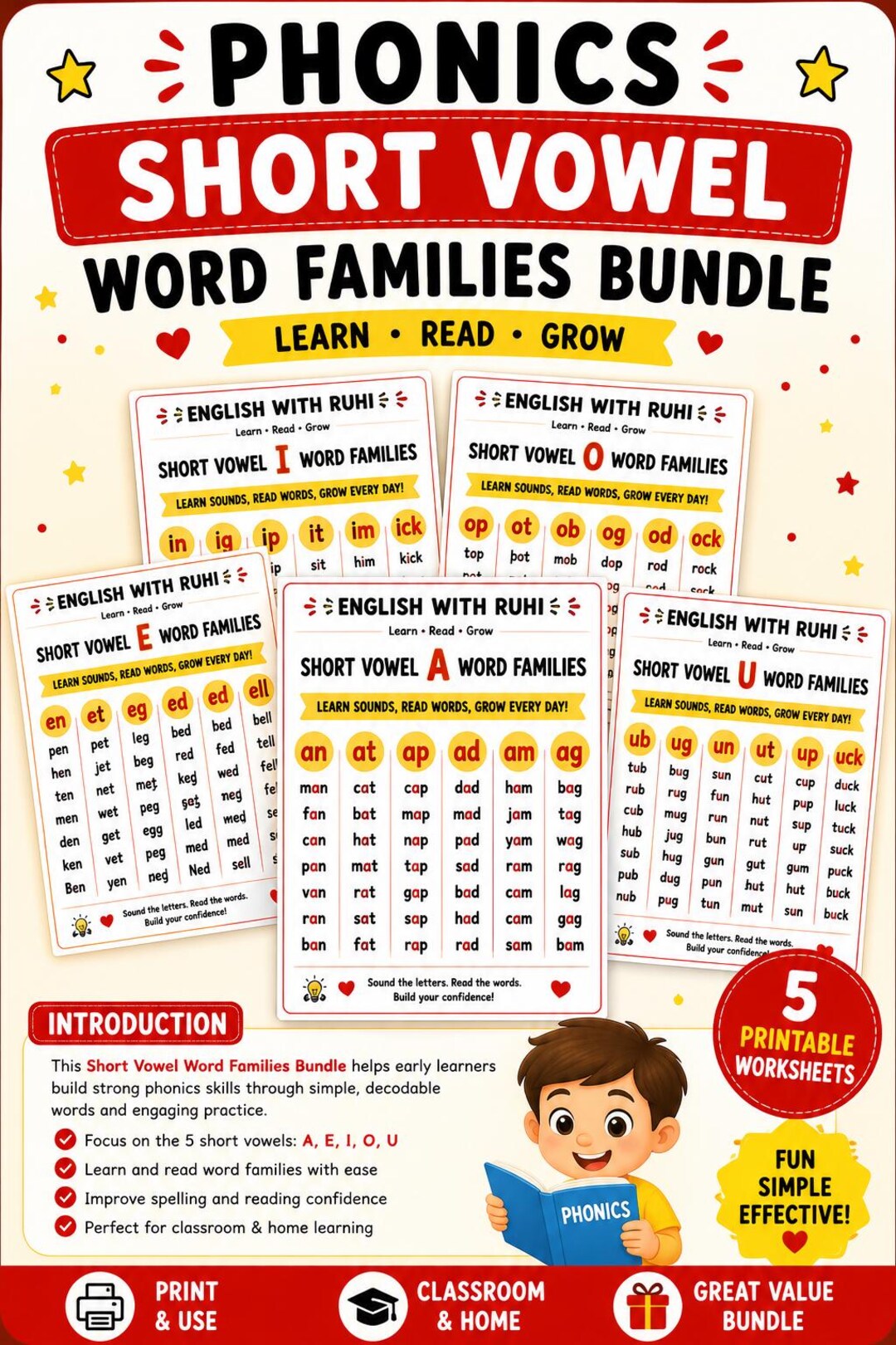 Short Vowel Word Families Bundle | CVC Phonics Worksheets (digital ...