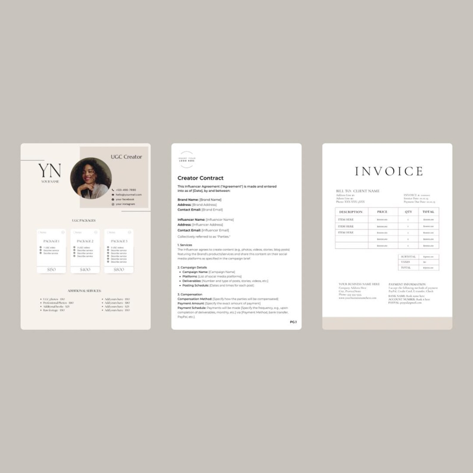 Minimalist UGC Creator Rate Card, Contract & Invoice Bundle: Editable ...