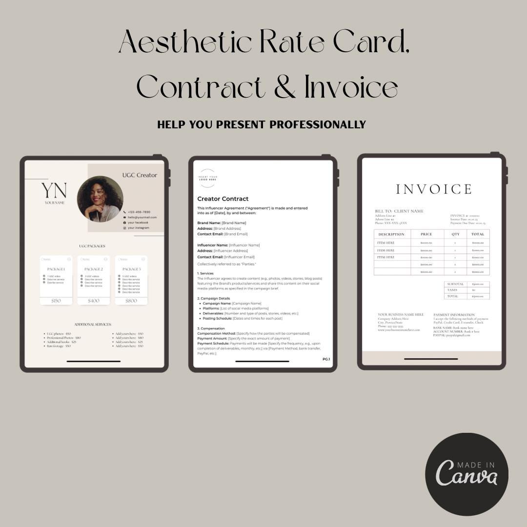 Minimalist UGC Creator Rate Card, Contract & Invoice Bundle: Editable ...