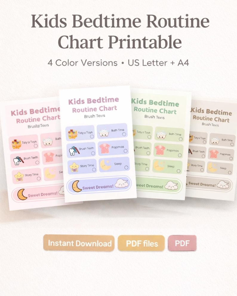 Kids Bedtime Routine Chart | Visual Schedule, Checklist (PDF Download ...