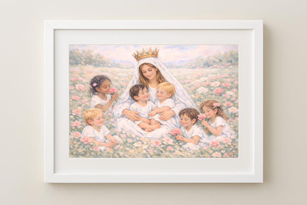 Mother Mary With Children Watercolor Print, Rose Garden, Catholic ...