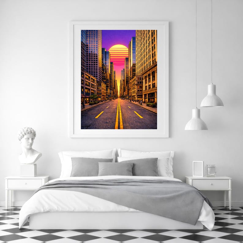 Retro 80s Vaporwave City Wall Art – Neon Sunset Cityscape Poster ...