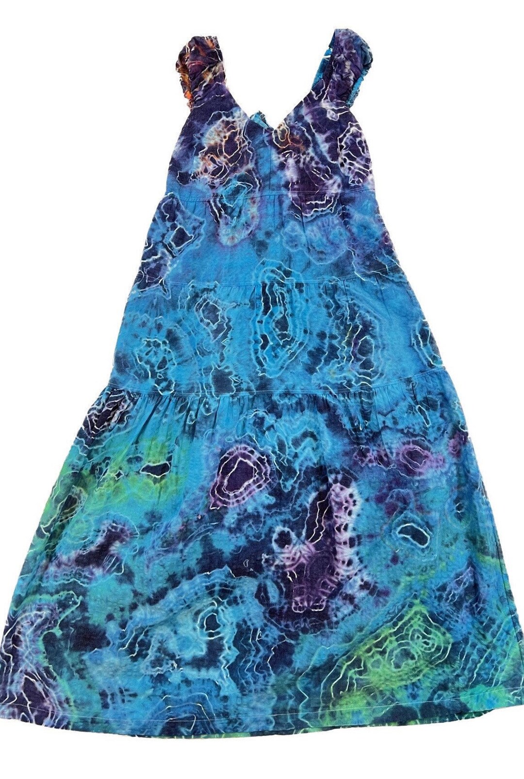 Tie Dye Geode Long Gown Style Dress With Straps Blues Greens Purples ...