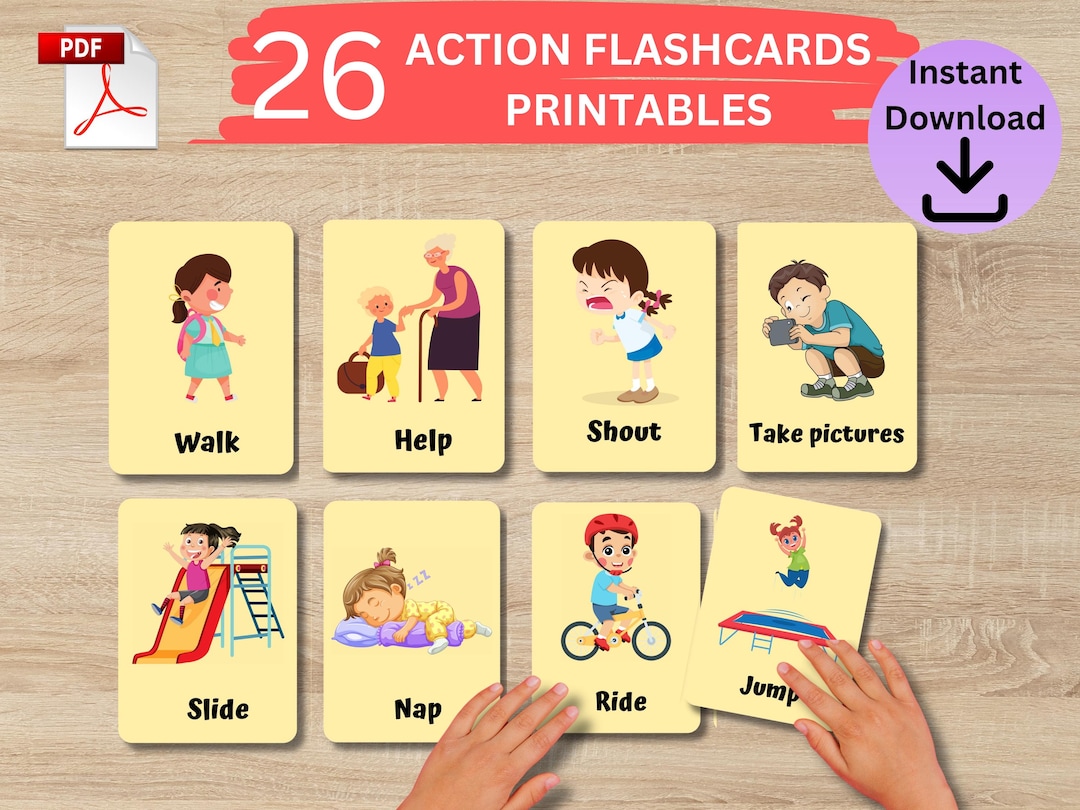 Action Verb Flashcards Printable Toddler Preschool Kindergarten ...