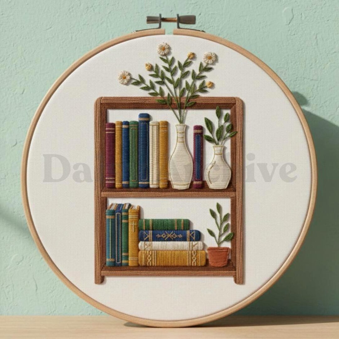 Bookshelf Hand Embroidery PDF Pattern - Digital Download Reading ...